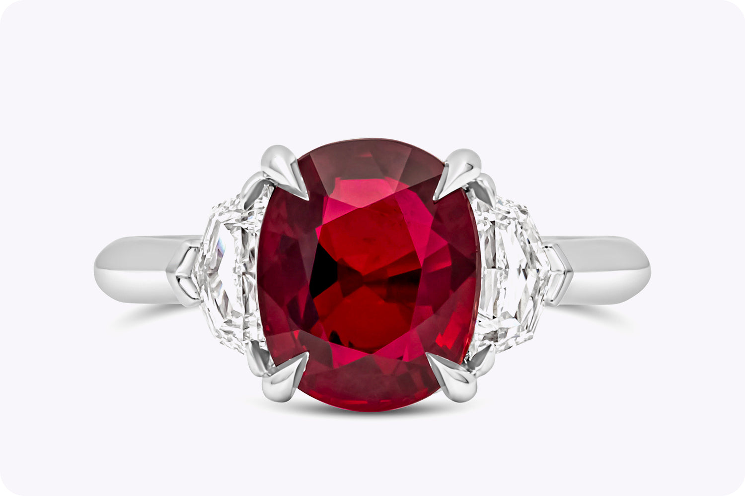 4.02ct Cushion Cut Ruby & Diamond Three-Stone Engagement Ring in ...